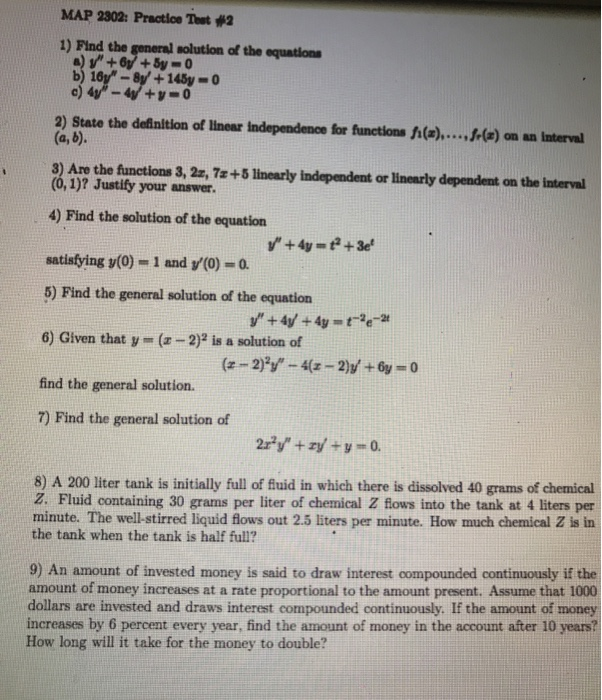 Solved MAP 2302: Practice Test 2 1) Find the general | Chegg.com