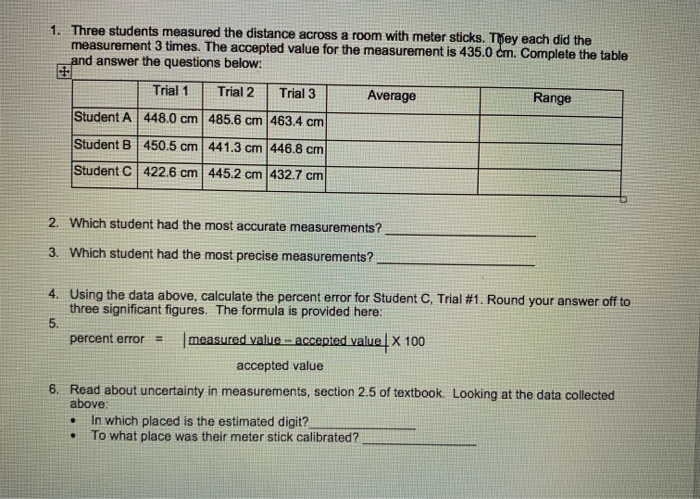 Solved 1. Three students measured the distance across a room | Chegg.com