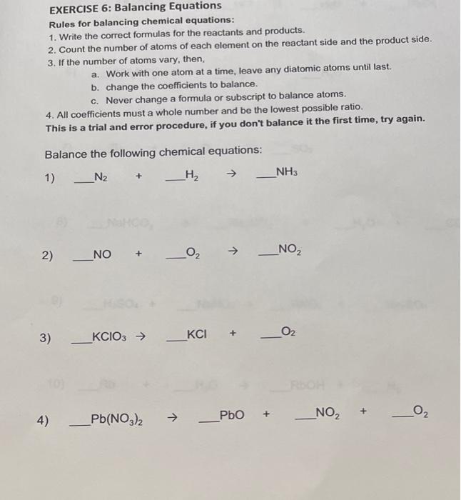 Solved EXERCISE 6: Balancing Equations Rules for balancing | Chegg.com