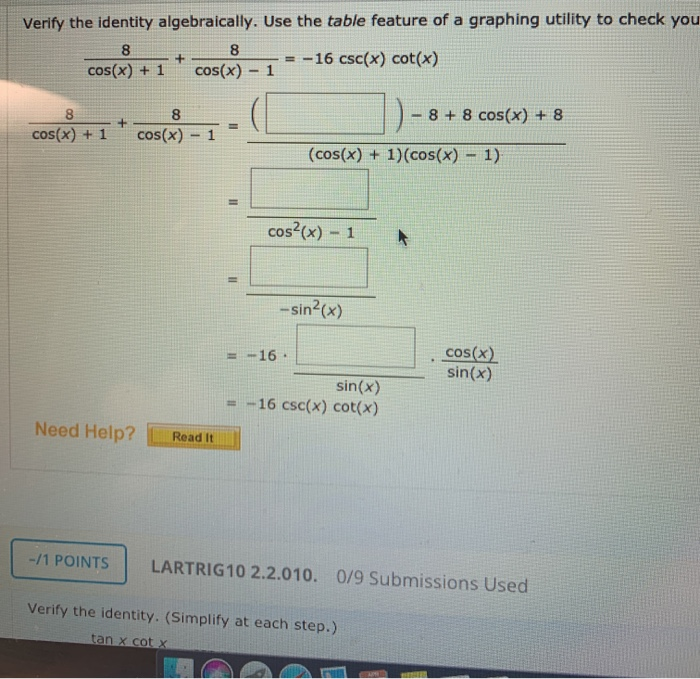 Solved Verify the identity algebraically. Use the table | Chegg.com