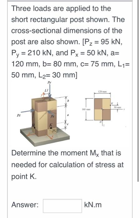 Solved Three loads are applied to the short rectangular post | Chegg.com