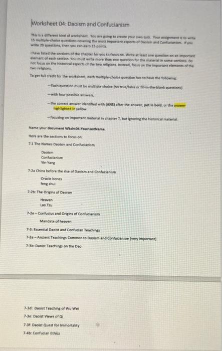 Worksheet 04: Daoism and Confucianism Write 20 | Chegg.com