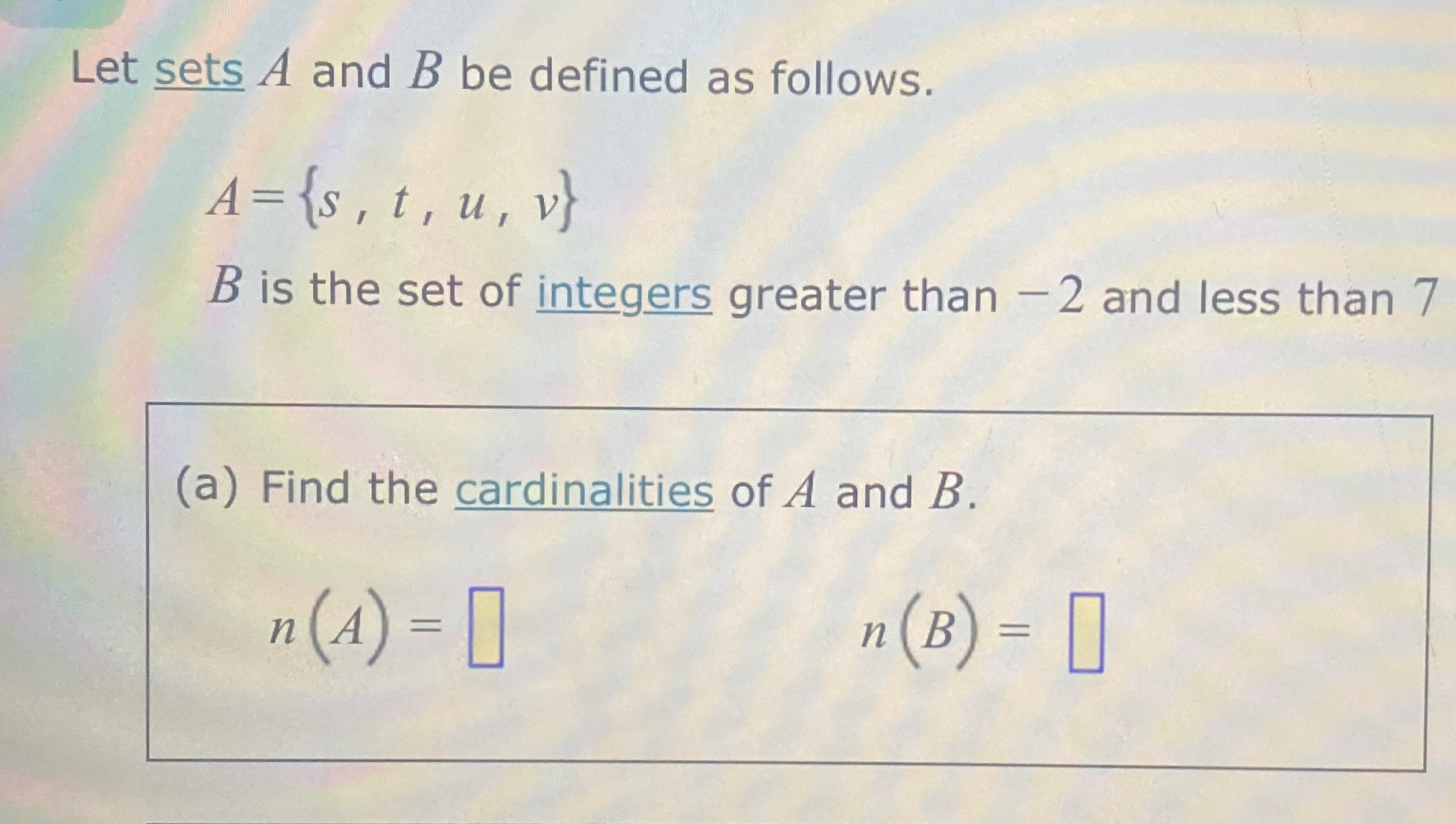 Solved Let sets A and B ﻿be defined as follows.A={s,t,u,v}B | Chegg.com