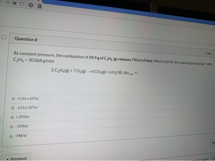 Solved -XC Question 8 5pts At constant pressure, the | Chegg.com