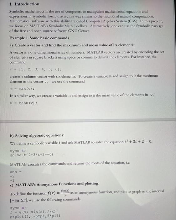 Solved 1. Introduction Symbolic mathematics is the use of | Chegg.com
