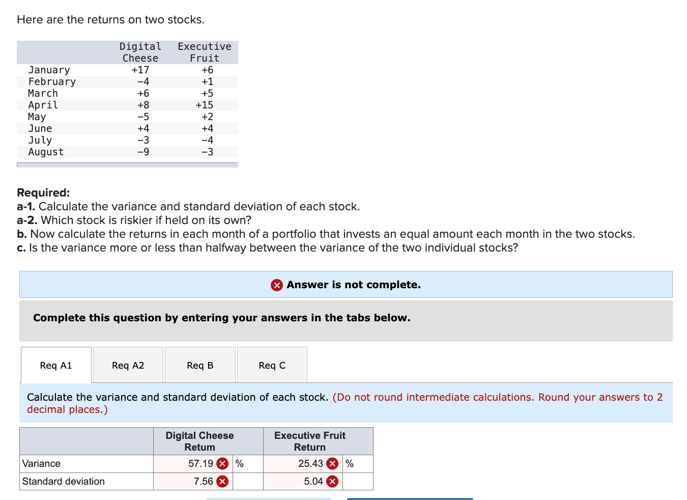 Solved Here are the returns on two stocks.Required:a-1. | Chegg.com
