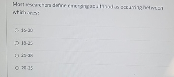 Solved Most researchers define emerging adulthood as | Chegg.com