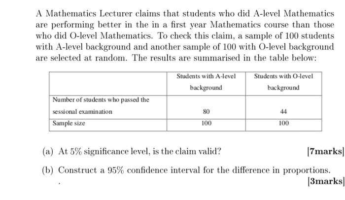 Solved A Mathematics Lecturer claims that students who did | Chegg.com