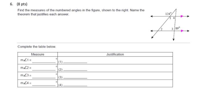 Solved 6 8 Pts Find The Measures Of The Numbered Angles
