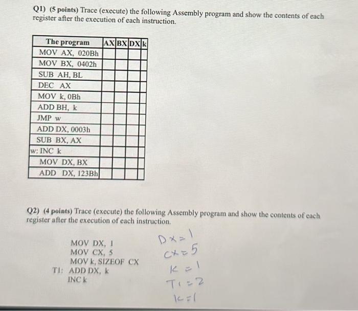Q1) (5 points) Trace (execute) the following Assembly | Chegg.com