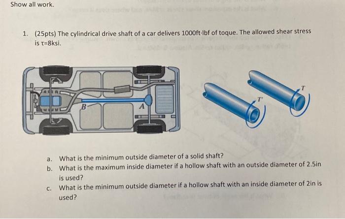 Solved 1. (25pts) The cylindrical drive shaft of a car | Chegg.com