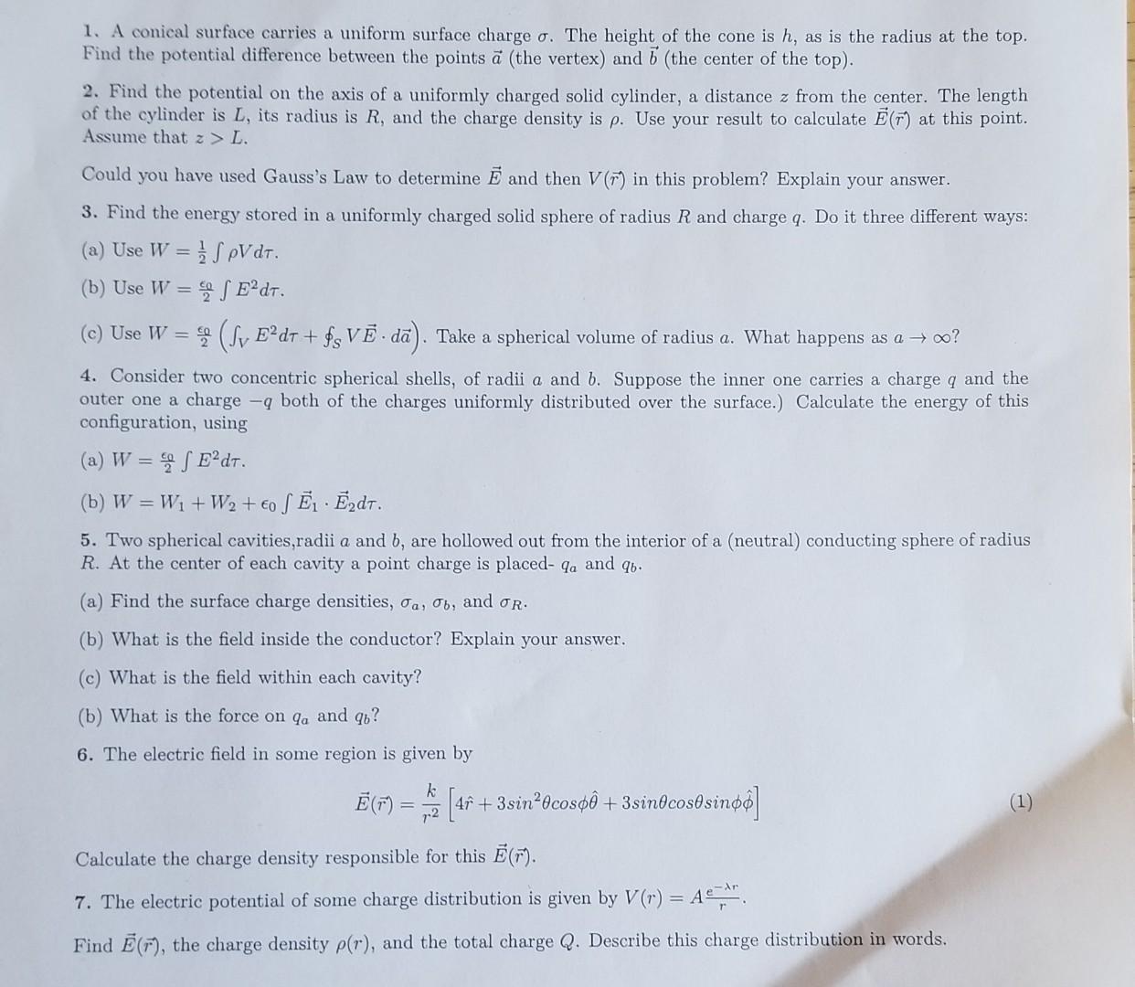 Solved 1. A conical surface carries a uniform surface charge | Chegg.com