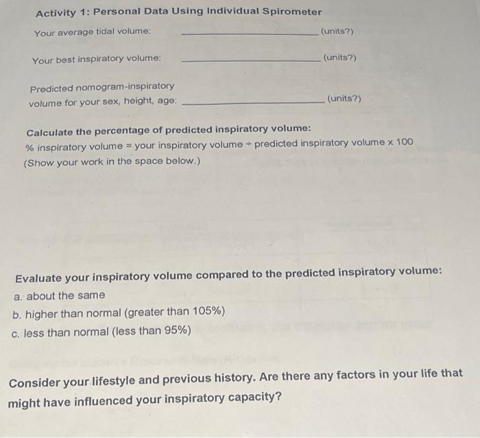 Solved Activity 1: Personal Data Using Individual Spirometer | Chegg.com