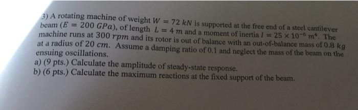 Solved 3) A rotating machine of weight W=72kN is supported | Chegg.com