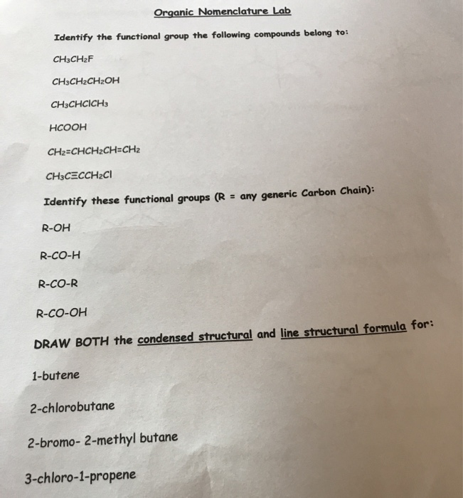 Solved Organic Nomenclature Lab Identify the functional | Chegg.com