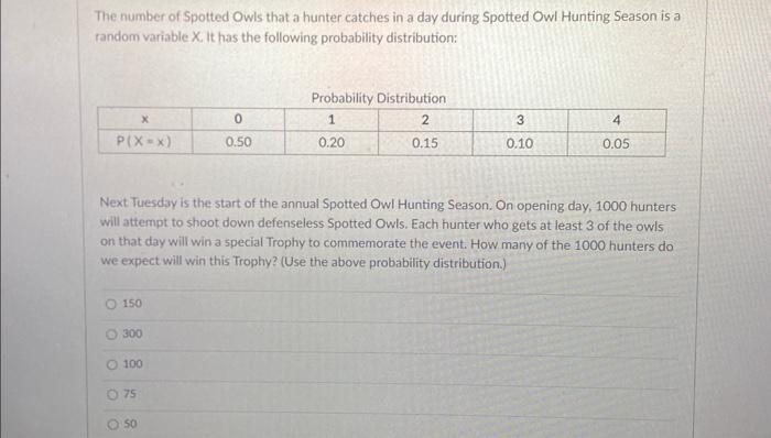 Solved The number of Spotted Owls that a hunter catches in a | Chegg.com