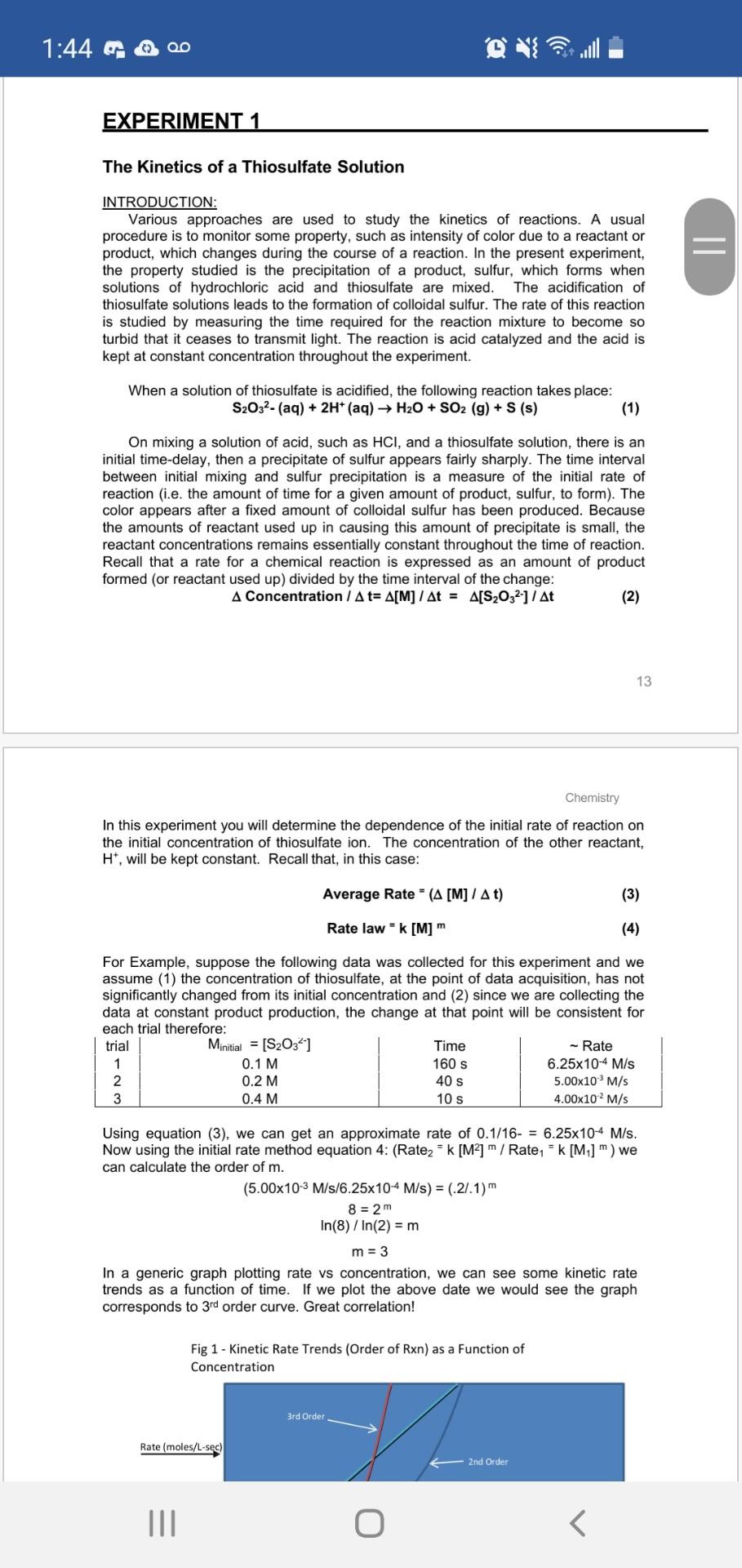 Solved 1:44 o ao EXPERIMENT 1 The Kinetics of a Thiosulfate | Chegg.com