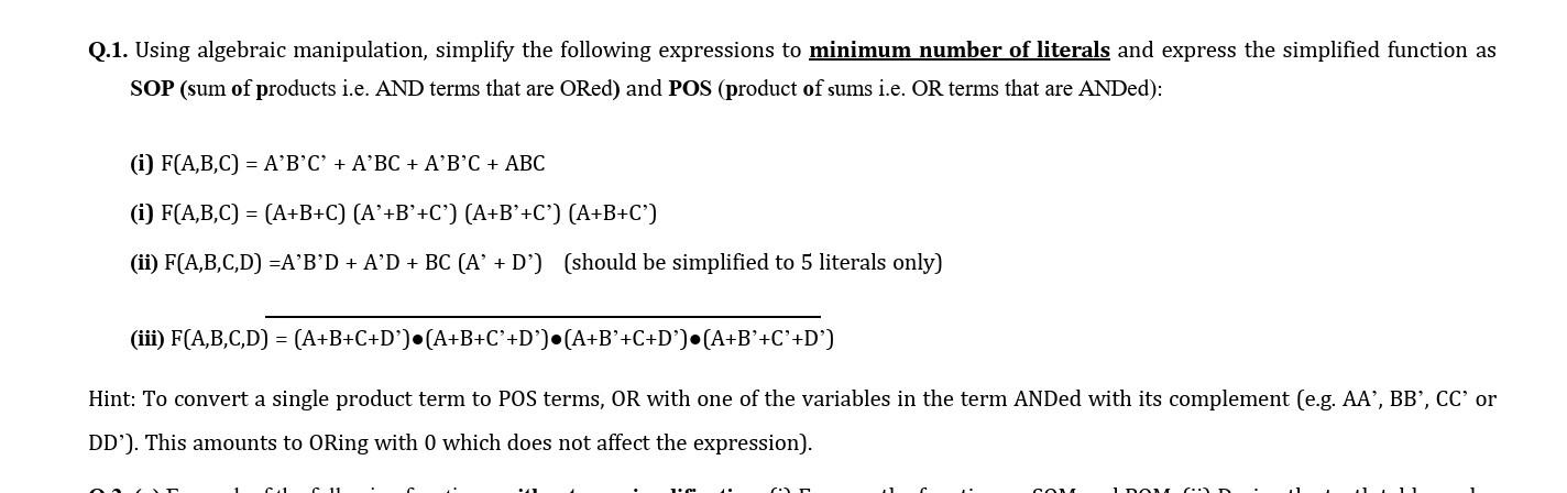 Solved Q1 Using Algebraic Manipulation Simplify The 