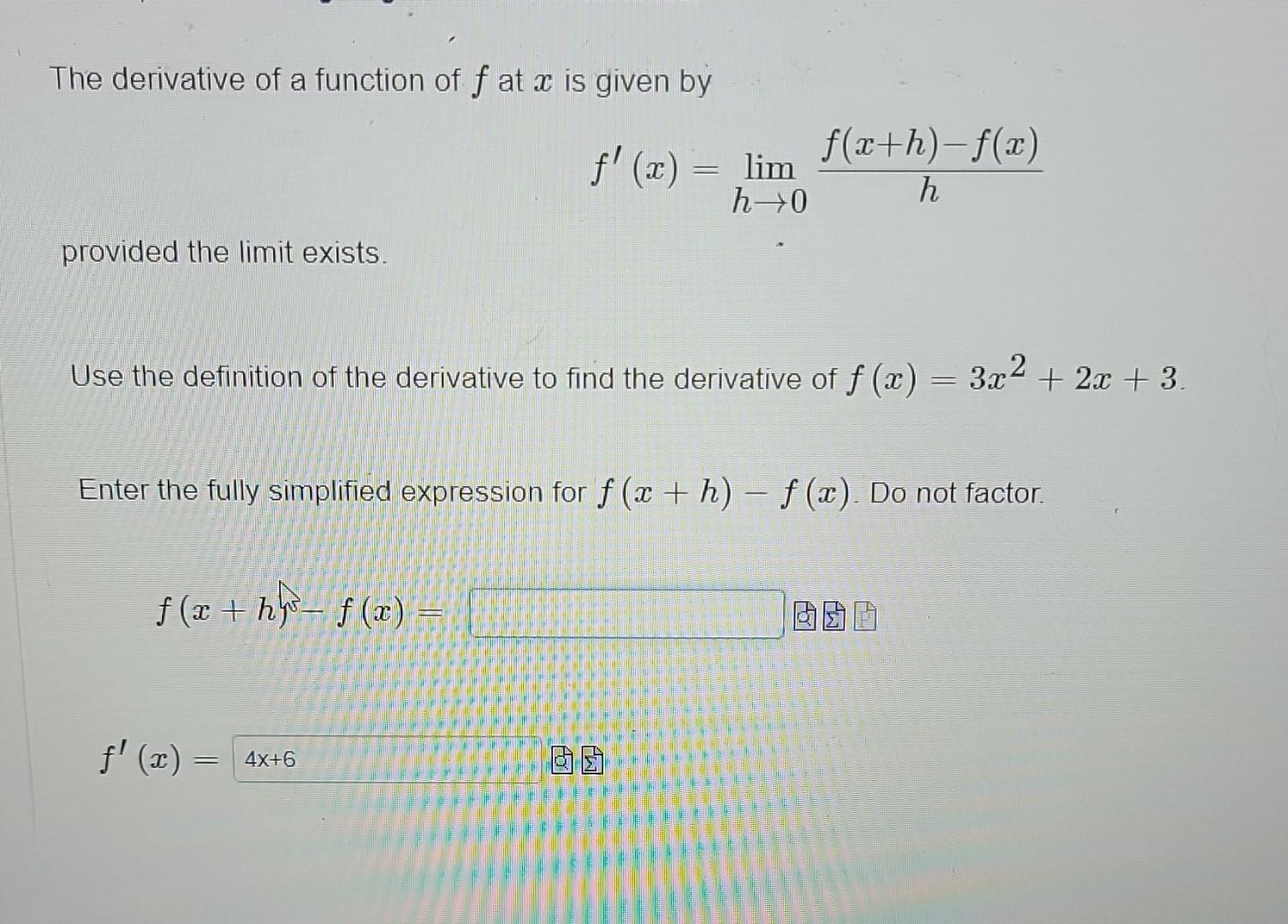 Solved f' (x) = lim f(x+h)-f(x)/h h--> 0 f(x) = 3x^2 + 2x | Chegg.com