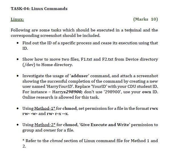 Solved TASK-04: Linux Commands Linux: (Marks 10) Following | Chegg.com