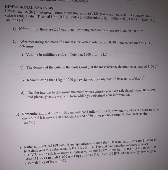 Solved cessary.) DIMENSIONAL ANALYSIS Labels: inches (in.), | Chegg.com