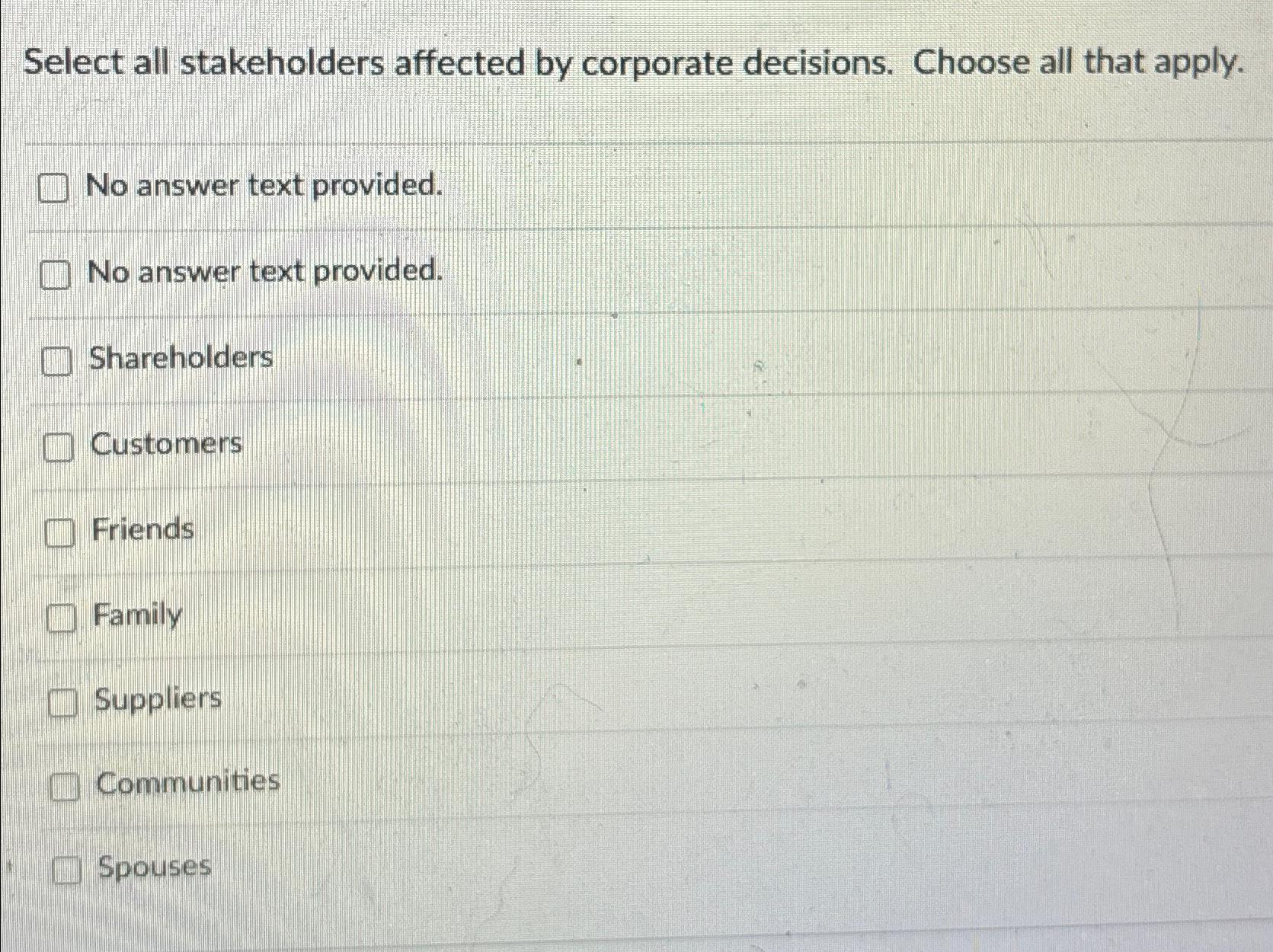 Solved Select all stakeholders affected by corporate | Chegg.com