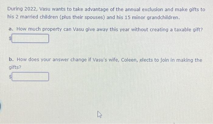 Solved During 2022, Vasu wants to take advantage of the | Chegg.com