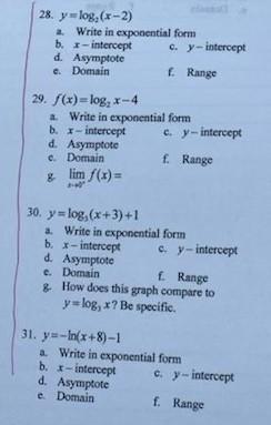 Solved 28. y=log2(x−2) a. Write in exponential form b. | Chegg.com