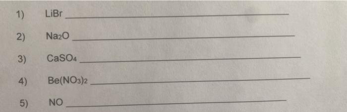 Solved 1) LiBr 2) Nazo 3) CaSO4 4) Be(NO3)2 5) NO Chapter | Chegg.com
