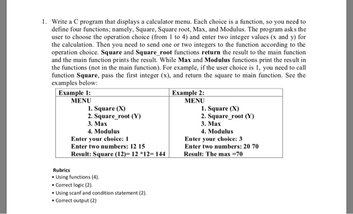 Solved 1. Write a C program that displays a calculator menu. | Chegg.com