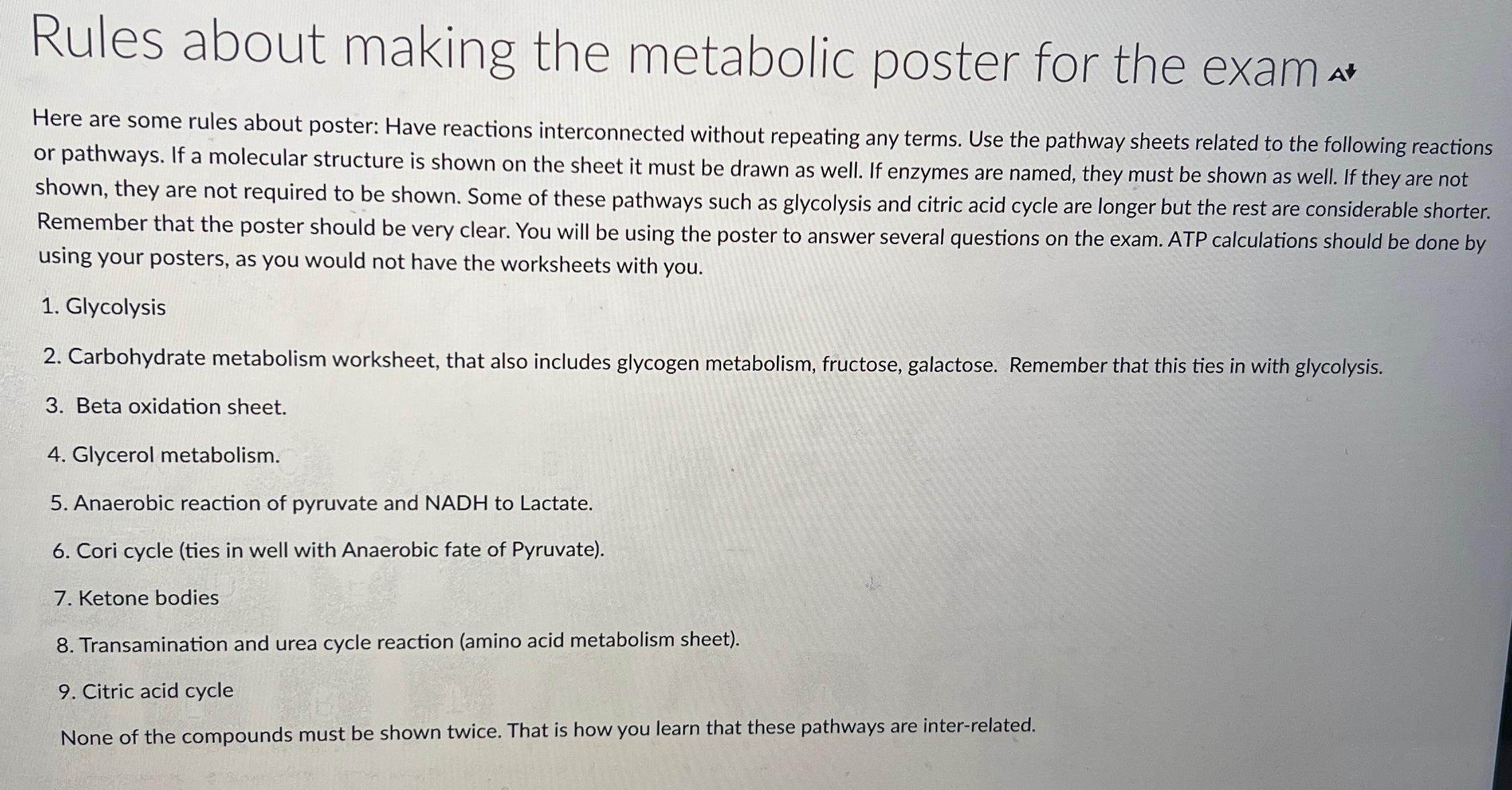 Solved Rules about making the metabolic poster for the | Chegg.com