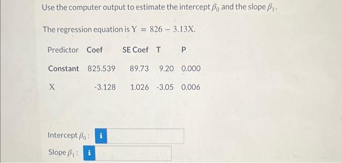 Solved Use the computer output to estimate the intercept B, | Chegg.com