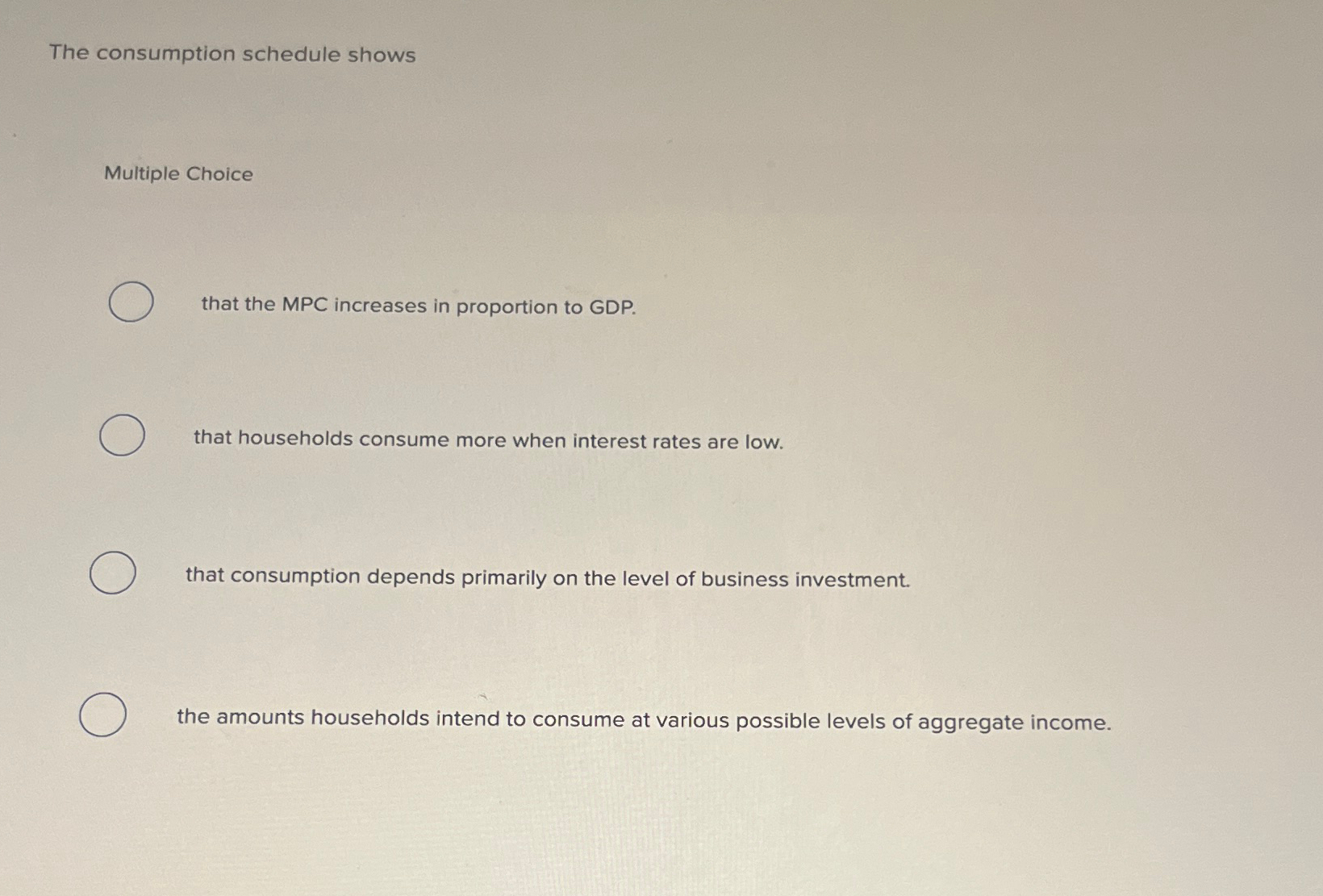 Solved The consumption schedule showsMultiple Choicethat the | Chegg.com