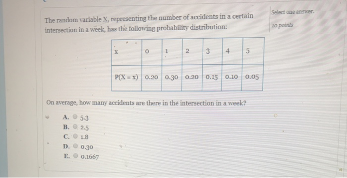 Solved Select one answer The random variable X, representing | Chegg.com