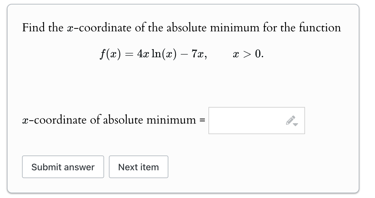 Solved Find the x-coordinate of the absolute minimum for the | Chegg.com