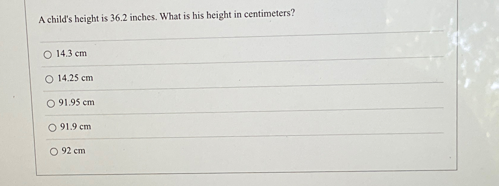 Solved A child's height is 36.2 ﻿inches. What is his height | Chegg.com