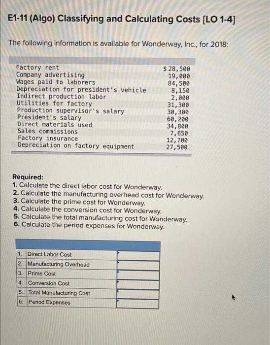 Solved E1 11 Algo Classifying And Calculating Costs Lo 
