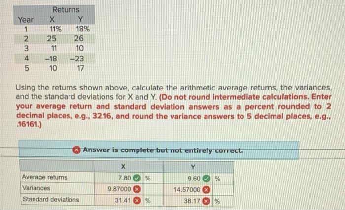 Solved Year 1 2 3 4 5 WN Returns Х Y 11% 18% 25 26 11 10 -18 | Chegg.com