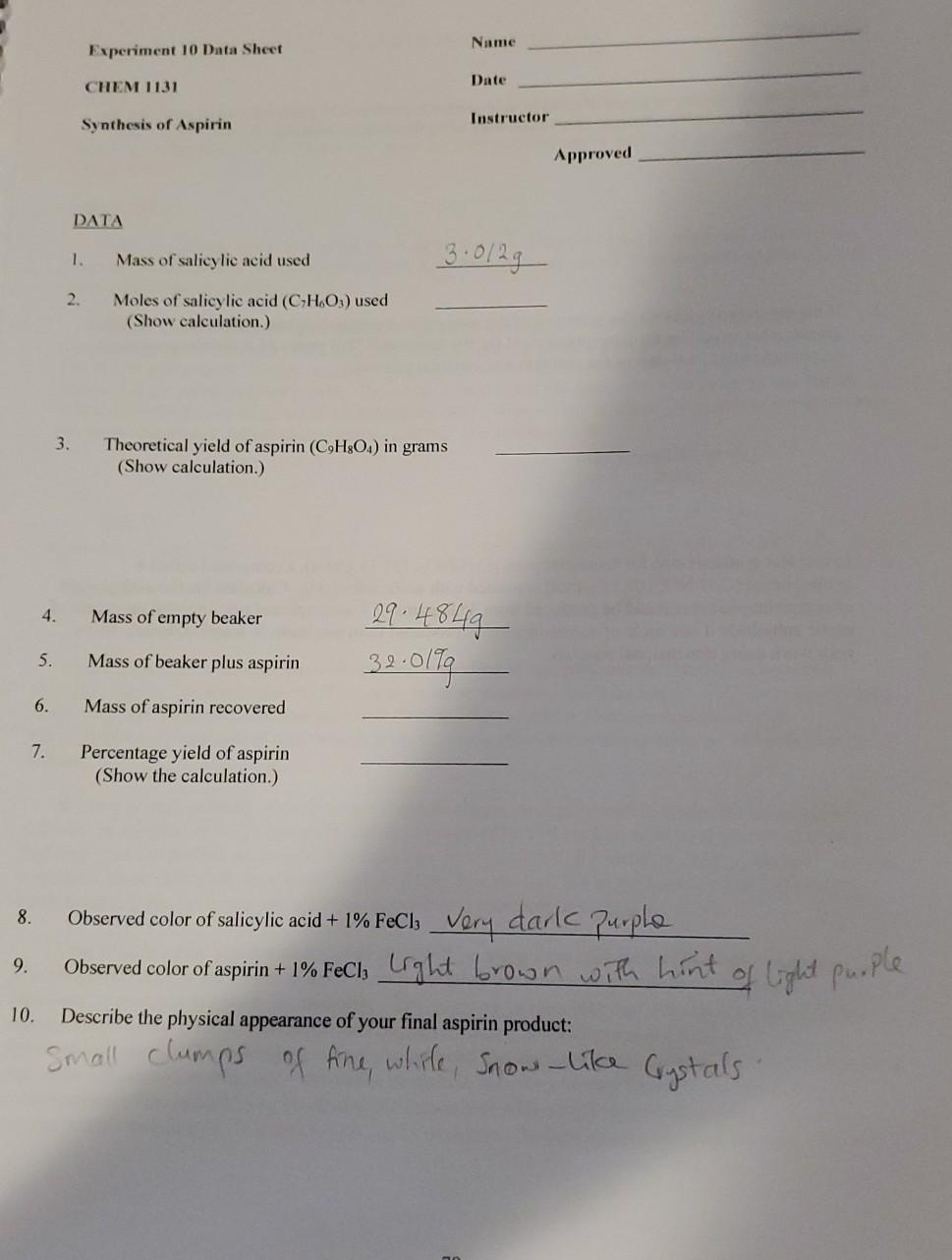Solved Name Experiment 10 Data Sheet CHEM 1131 Date | Chegg.com