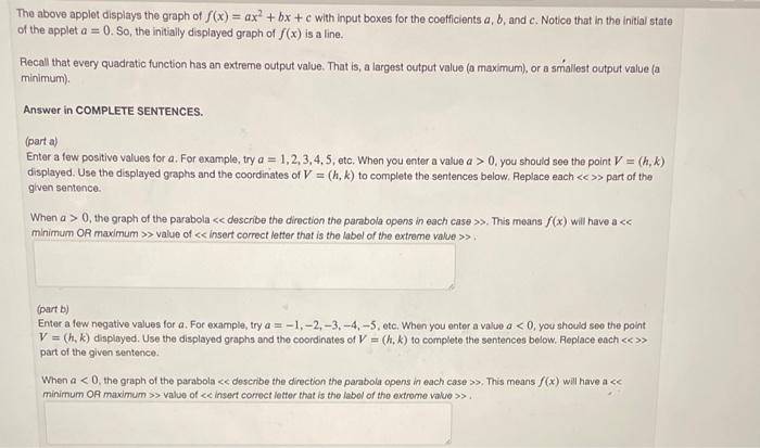 Solved he above applet dispiays the graph of f(x)=ax2+bx+c | Chegg.com
