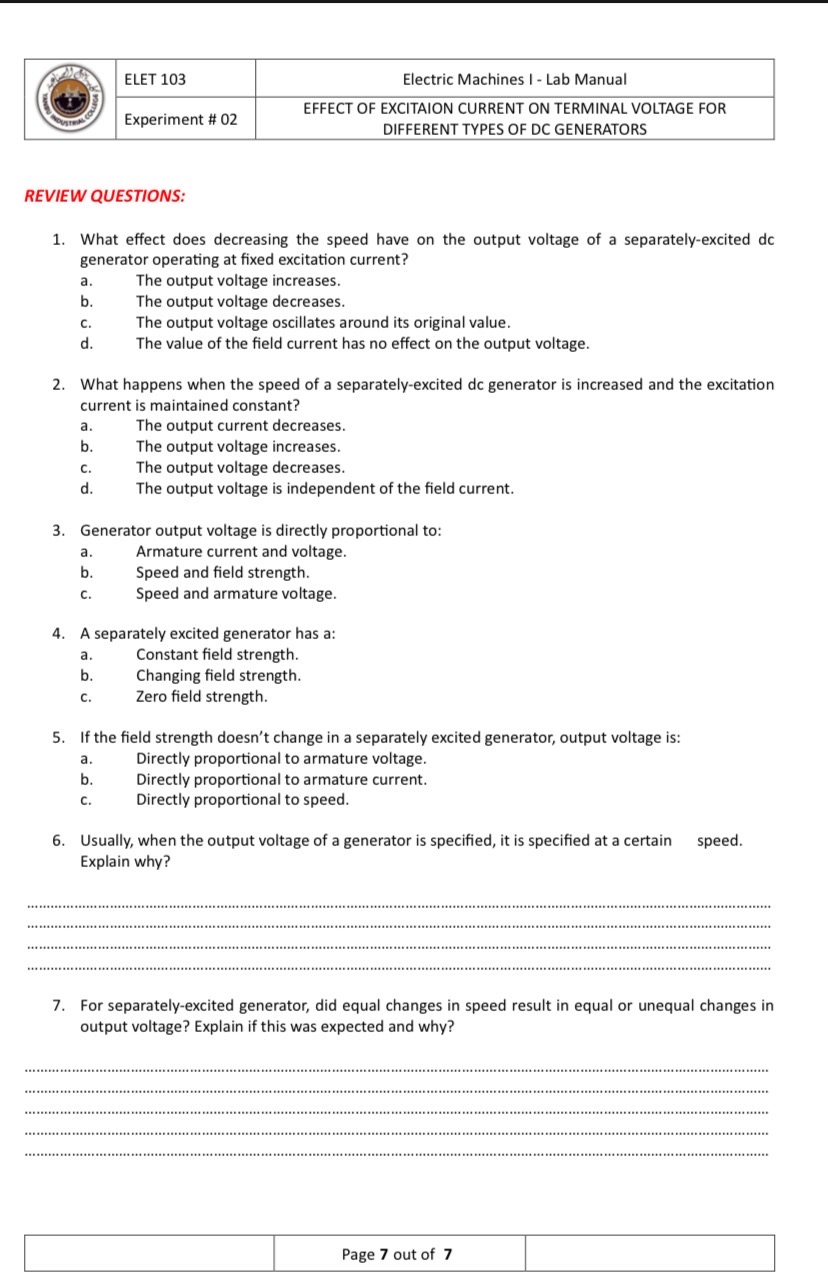 Solved \table[[,ELET 103,Electric Machines I - ﻿Lab | Chegg.com