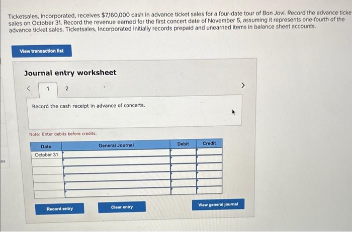 Solved Ticketsales, Incorporated, recelves $7,160,000 cash | Chegg.com