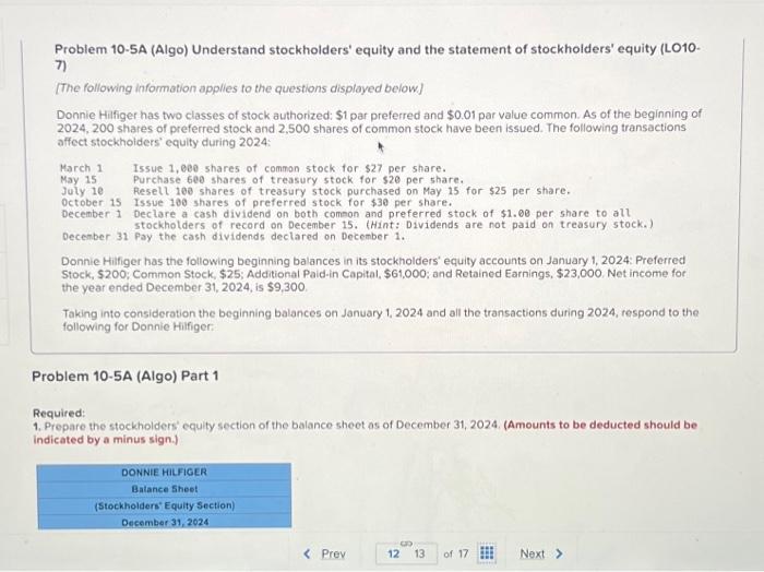 Solved Problem 10-5A (Algo) Understand stockholders' equity | Chegg.com