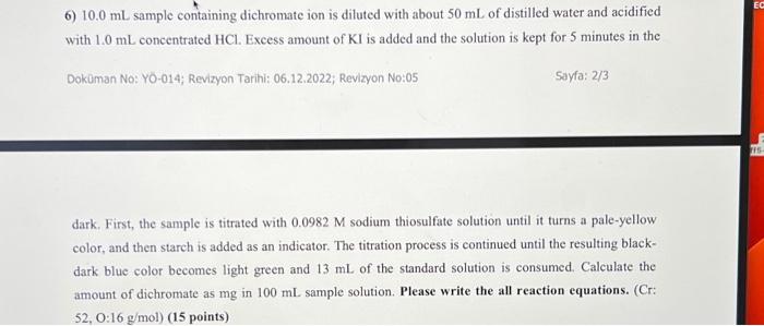 Solved 6) 10.0 mL sample containing dichromate ion is | Chegg.com