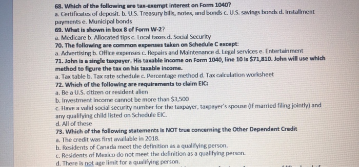 Solved 68. Which of the following are tax-exempt interest on | Chegg.com