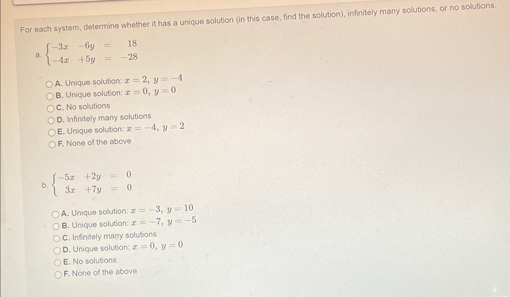 Solved For each system, determine whether it has a unique | Chegg.com