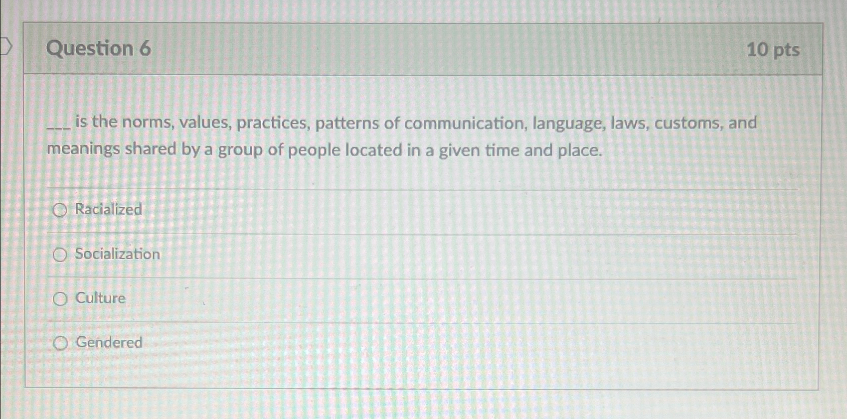 Solved Question 610ptsis the norms, values, practices, | Chegg.com
