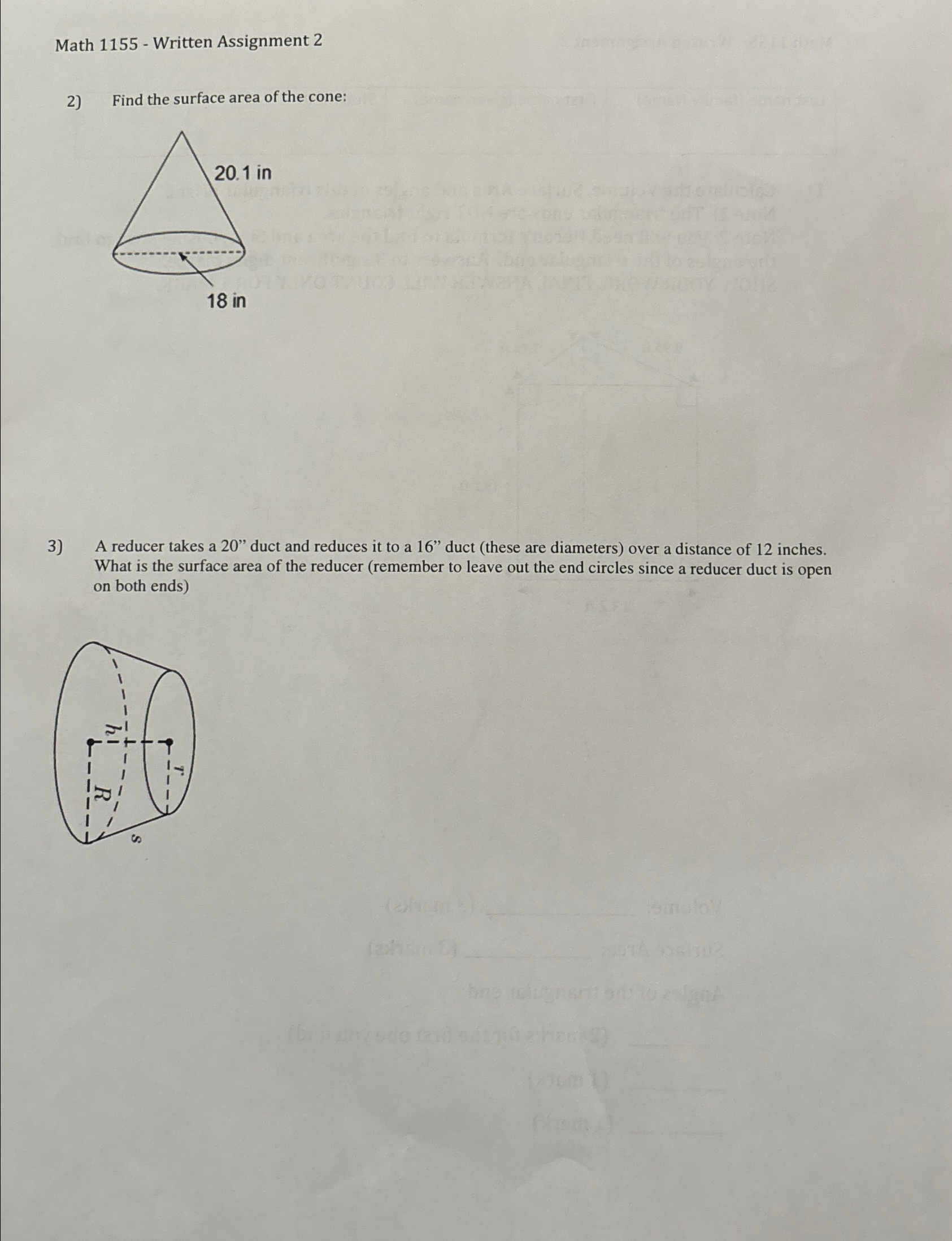 Solved Math 1155 - ﻿Written Assignment 2Find the surface | Chegg.com