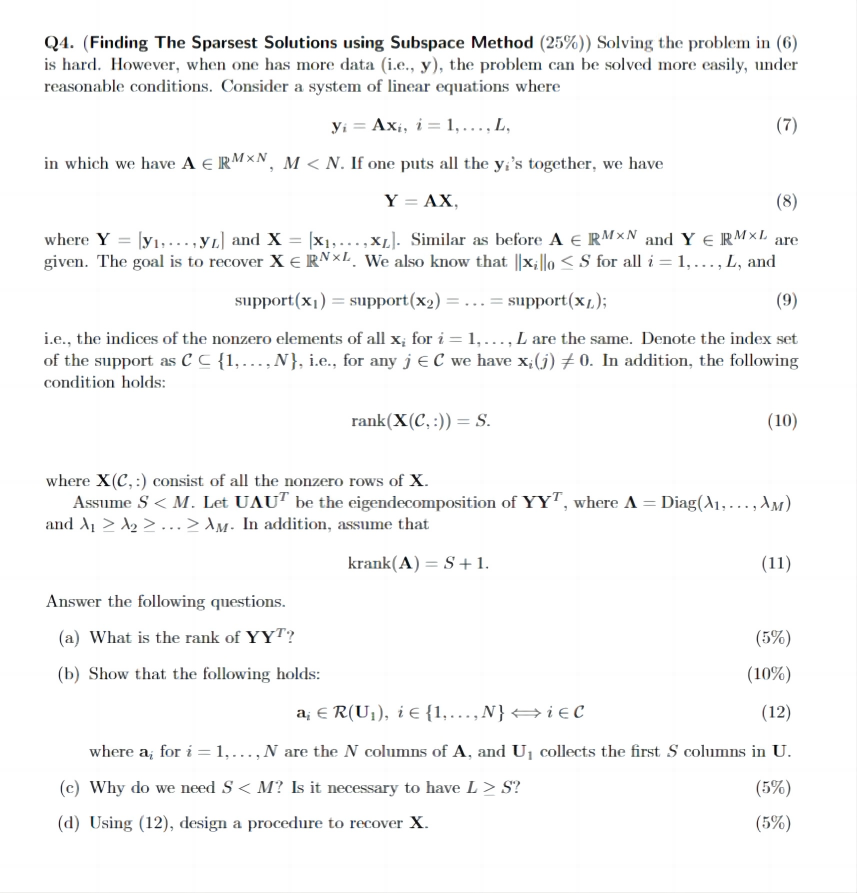 Solved Q4. (Finding The Sparsest Solutions using Subspace | Chegg.com