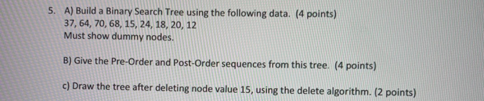 Solved 5. A) Build a Binary Search Tree using the following | Chegg.com